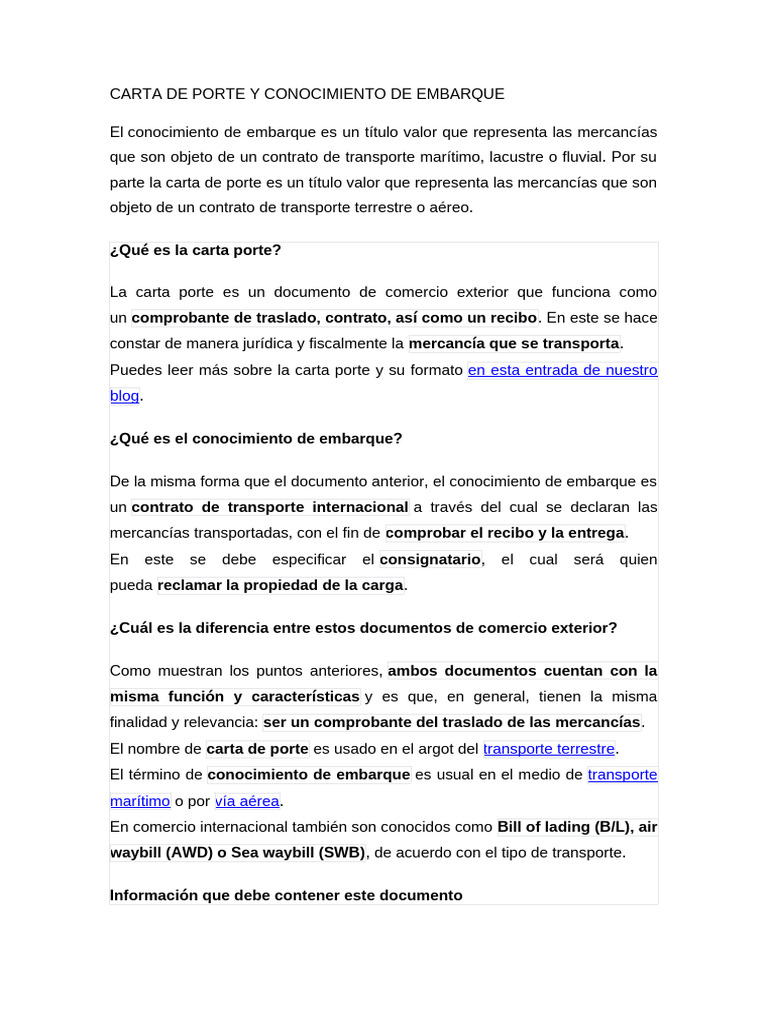 Carta de Porte y Conocimiento de Embarque | PDF | Guía de carga | Economias