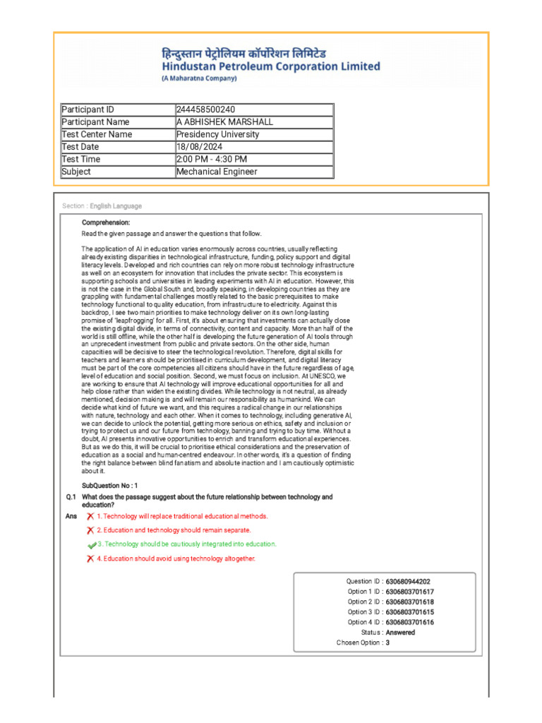 HPCL Answer Sheet | PDF | Artificial Intelligence | Intelligence (AI ...