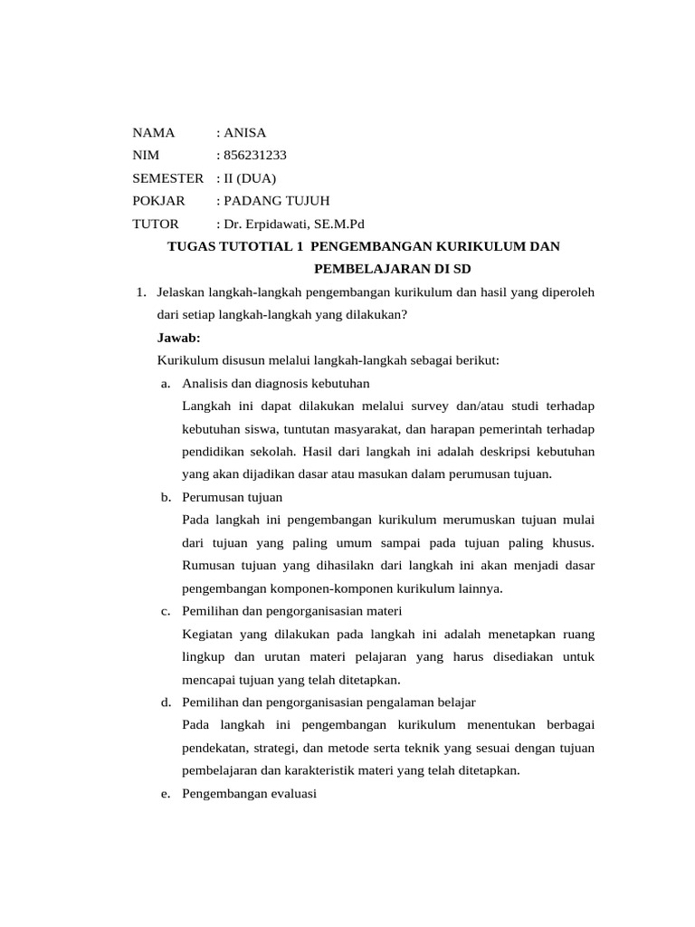 Annisa Tugas Tutorial 1 Pengembangan Kurikulum Dan Pembelajaran Di SD | PDF