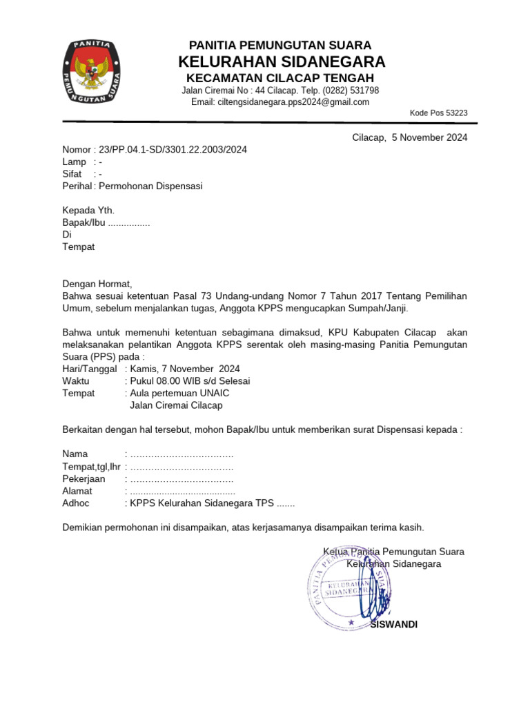 Surat Permohonan Dispensasi | PDF