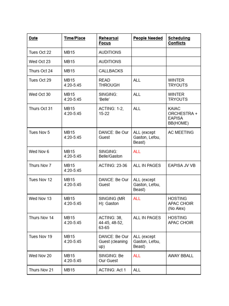 Winter Tryouts and Audition Schedule | PDF | Performing Arts ...
