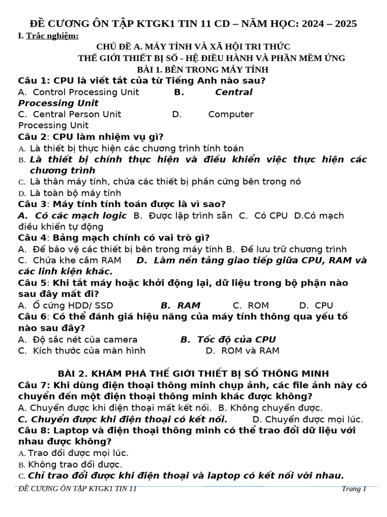 ĐỀ CƯƠNG TIN HỌC GK1 LỚP 11 2024-2025 | PDF