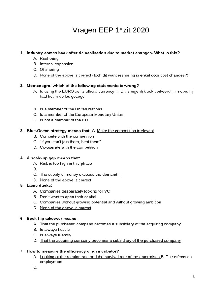 Vragen EEP 1e Zit 2020 | PDF | Entrepreneurship | Startup Company
