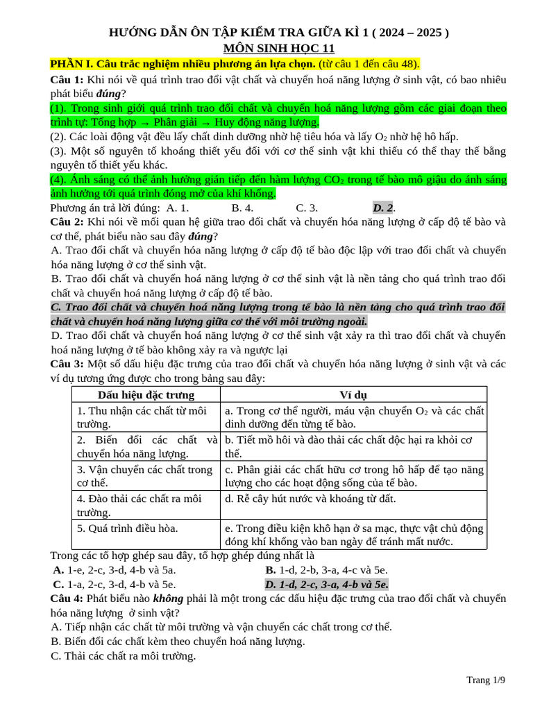 ĐỀ CƯƠNG SINH HỌC GKI LỚP 11 24-25 | PDF