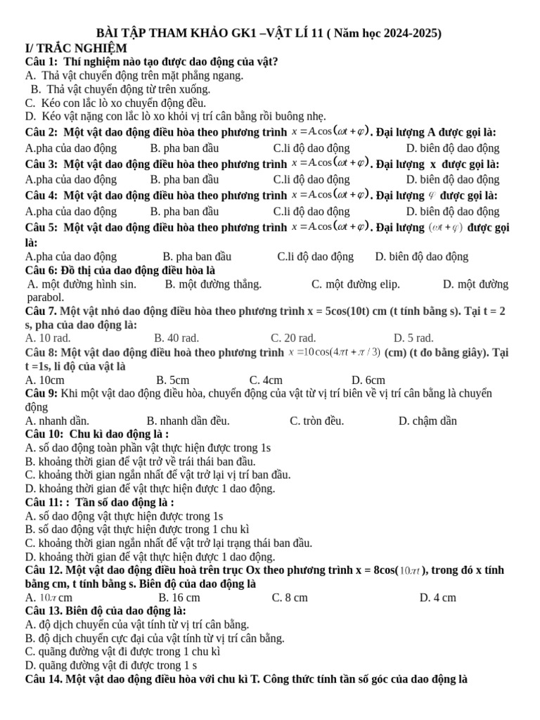 ĐỀ CƯƠNG VẬT LÍ 11 GK1 2024-2025 | PDF