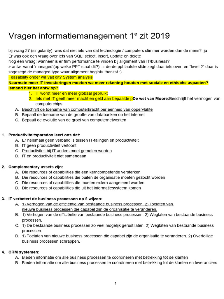 Vragen Informatiemanagement 1e Zit 2019 | PDF