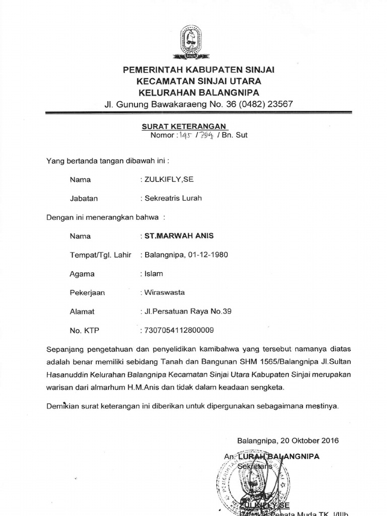 Surat Ket Asal Usul Tanah ST - Marwah Anis | PDF