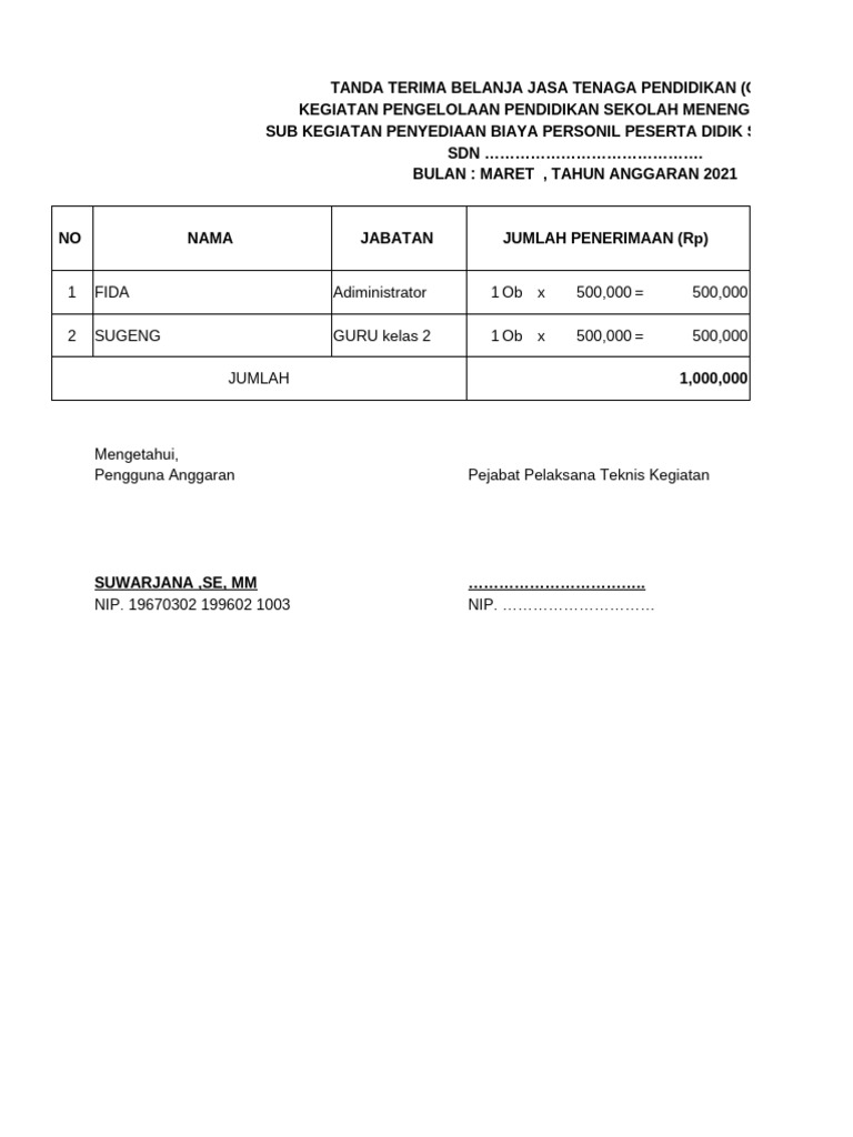 CONTOH FORMAT TANDA TERIMA DAN REKAP NON+ASN - Nop | PDF