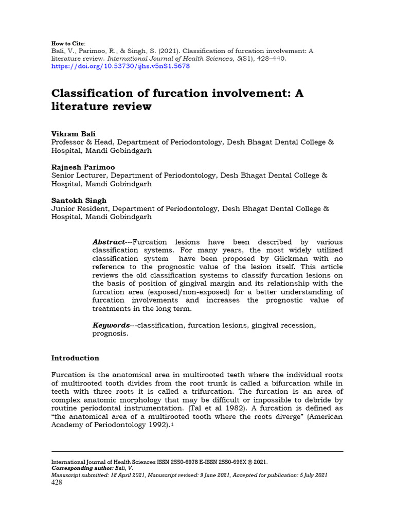 Classification of Furcation Involvement: A Literature Review | PDF ...