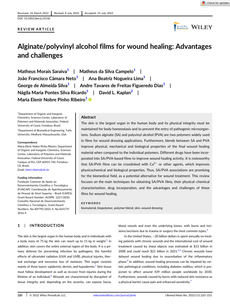 J Biomed Mater Res - 2023- Saraiva - Alginate Polyvinyl Alcohol Films ...