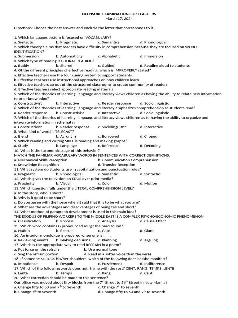 LET Reviewer GenEd English | PDF | Reading Comprehension | Literacy