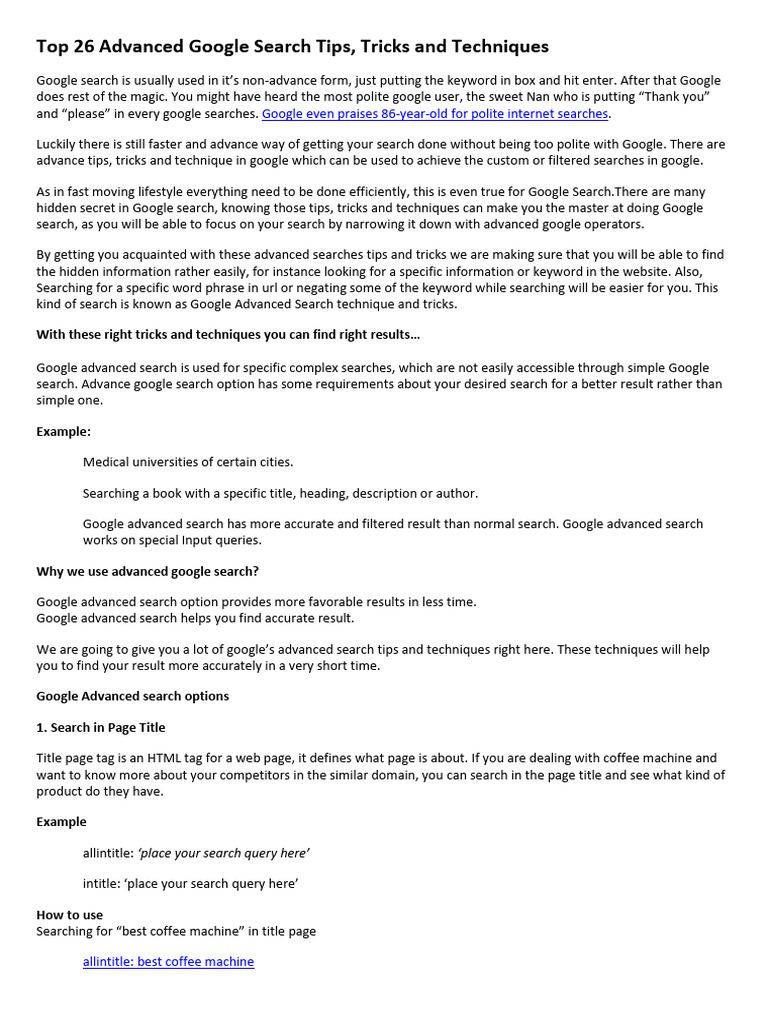 Top 26 Google Search Techniques | PDF | Search Engine Optimization | Scrum (Software Development)