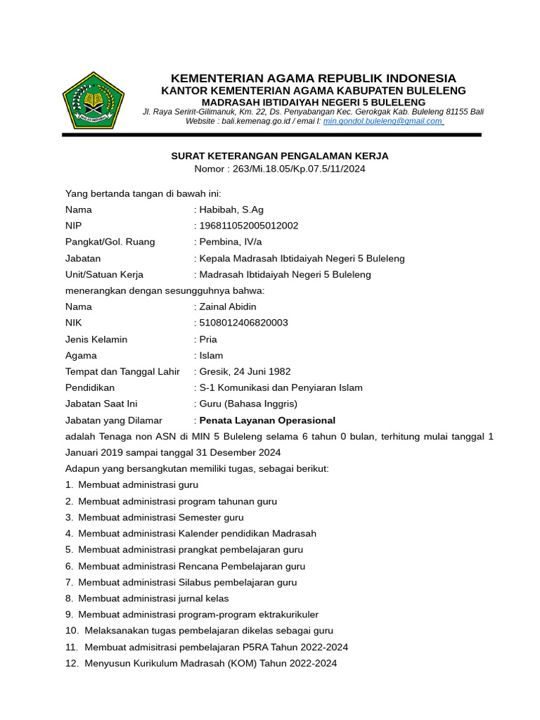 Format Surat Lamaran Dan Surat Pernyataan CPPPK Kemenag 2024 - Zainal Abidin | PDF