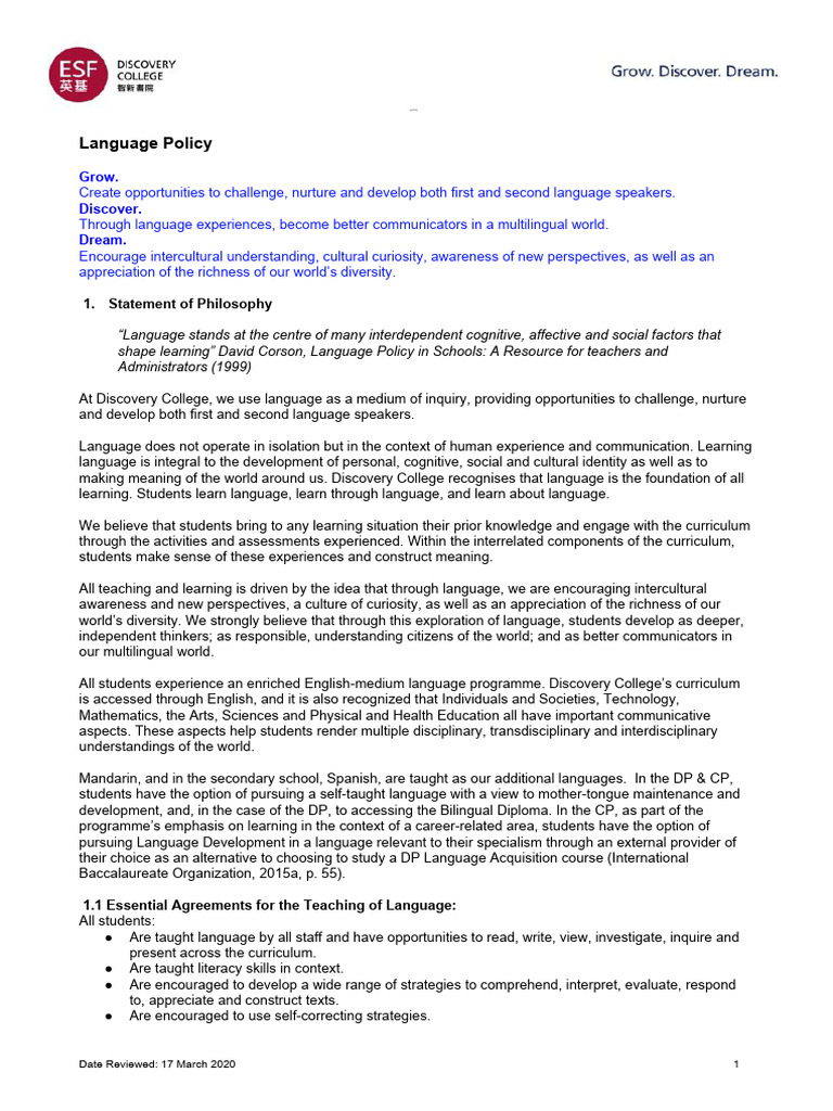 Language-Policy-ESF Discovery College | PDF | English As A Second Or ...