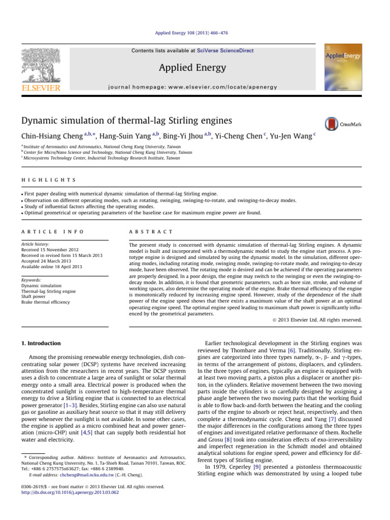 Dynamic Simulation of Thermal-Lag Stirling Engines | PDF | Engines | Gases