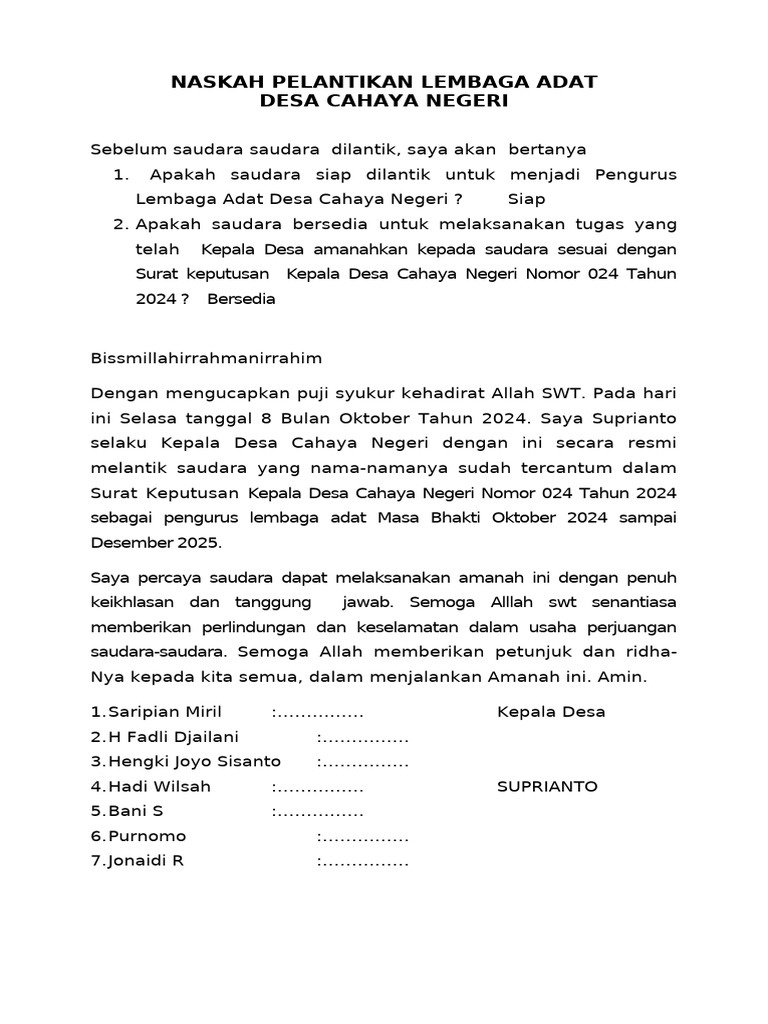 Contoh Naskah Pelantikan Lembaga Adat | PDF