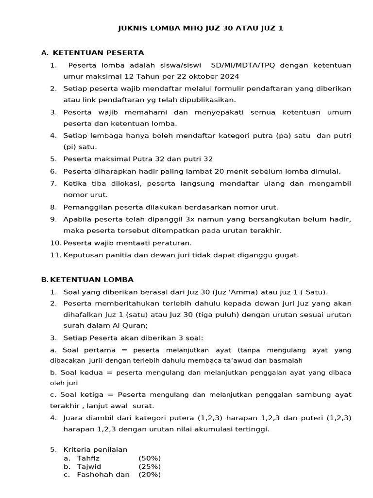 Contoh JUKNIS LOMBA MHQ JUZ 30 ATAU JUZ 1 | PDF