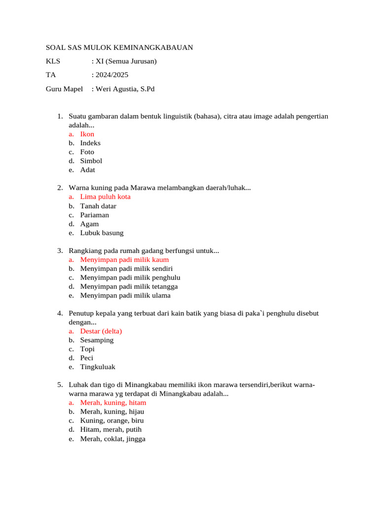 Soal Sas Mulok Keminangkabauan 2024 | PDF | Seni