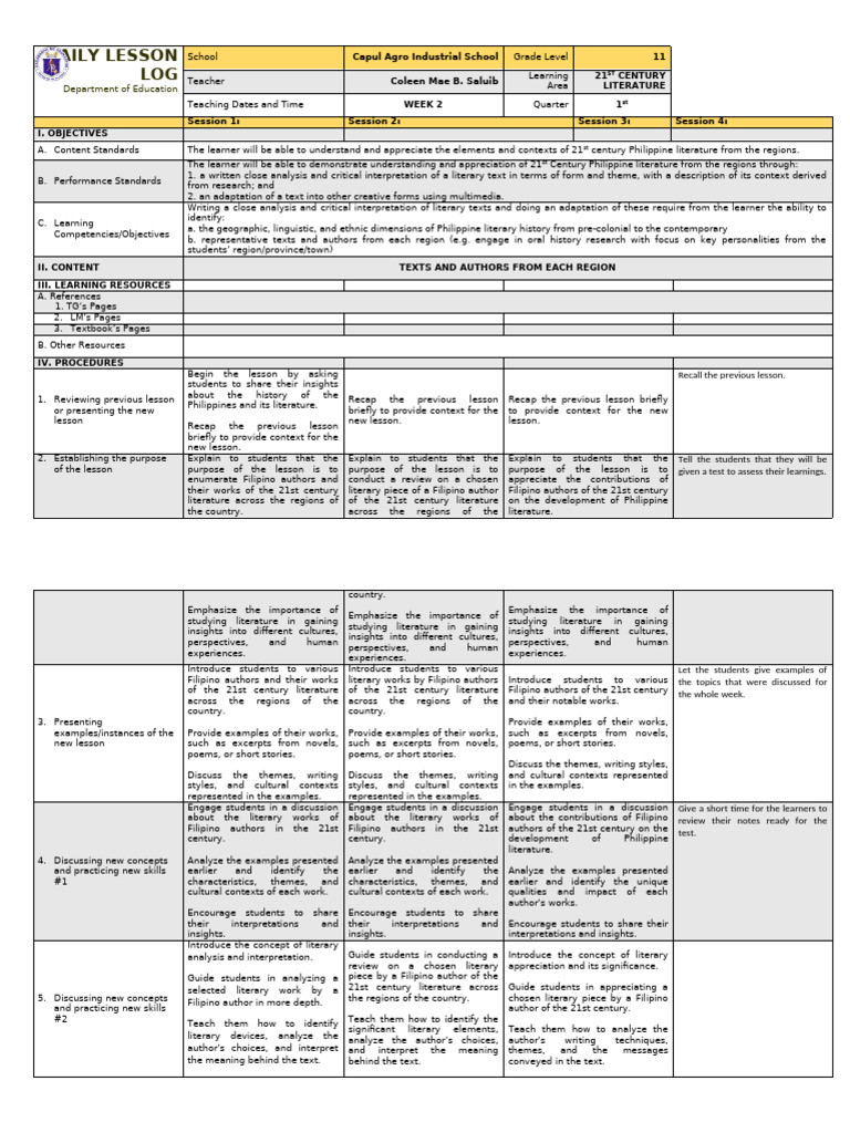 21ST Century Literature 1 Quarter 1 Week 2 PDF | PDF | Learning | Teachers