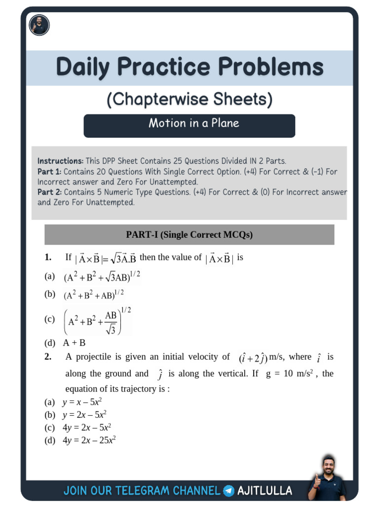 Motion in One Plane DPP For JEE Mains | PDF | Acceleration | Velocity