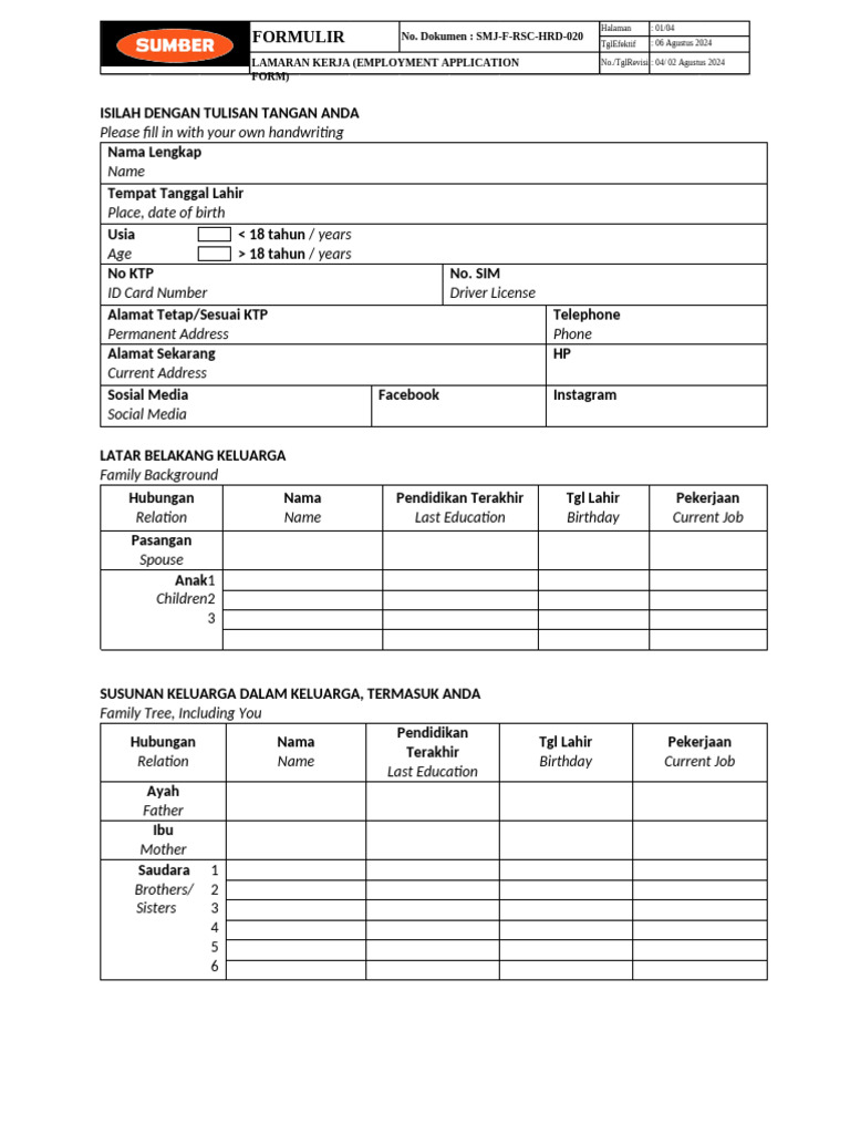 Formulir Data Pelamar Staff Up New | PDF