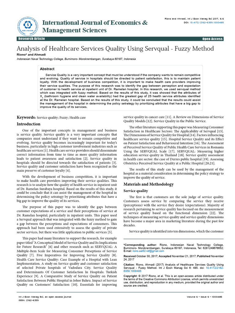 Analysis of Healthcare Services Quality Using Servqual Fuzzy Method 2162 6359 1000485 | PDF ...