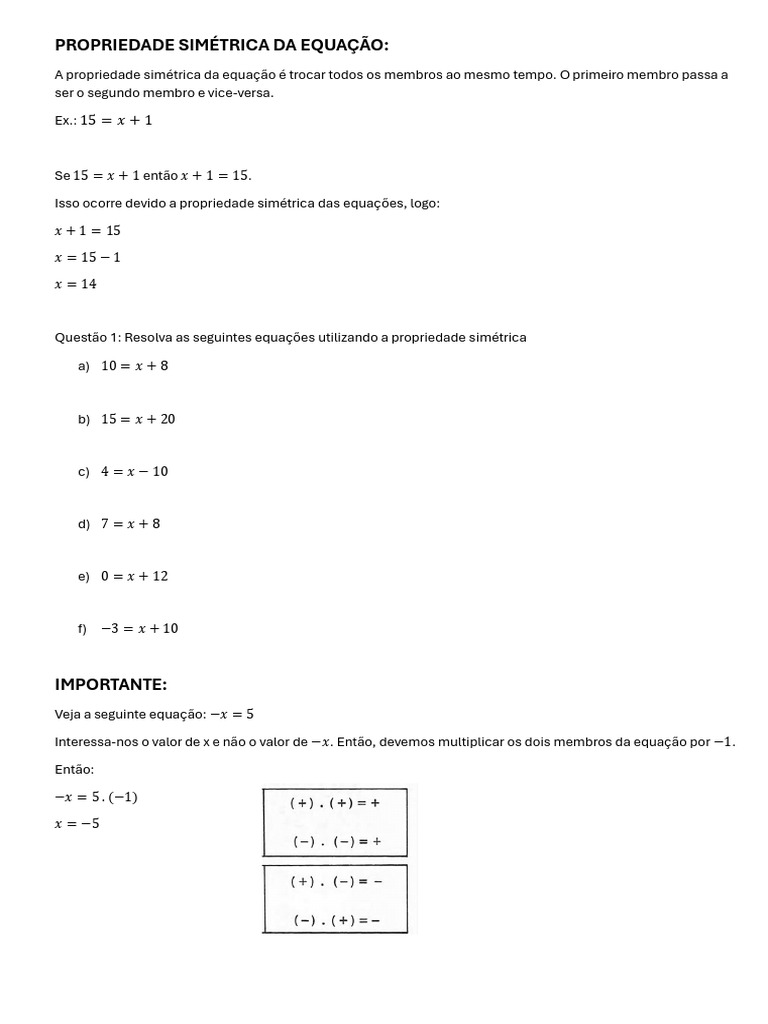 Propriedade Simétrica em Equações | PDF | Métodos e Materiais de Ensino