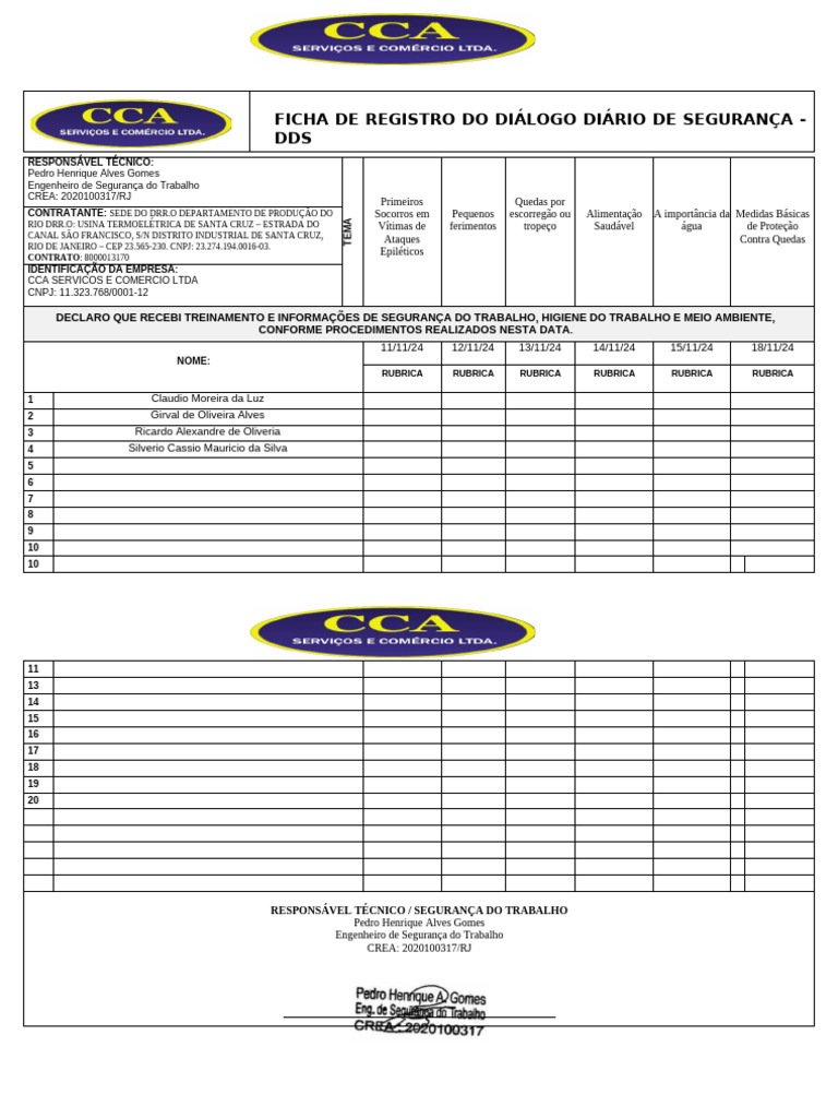 Modelo de Ficha de Registro Do Diálogo Diário de Segurança - DDS EQUIPE ...