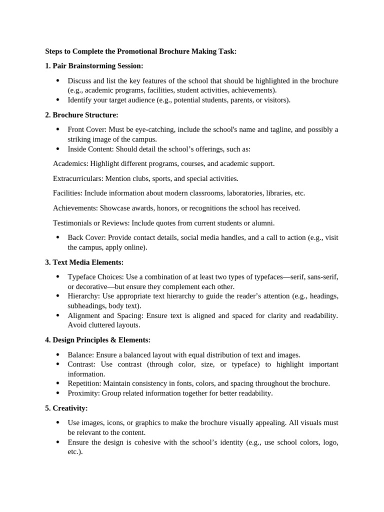Steps To Complete The Promotional Brochure Making Task | PDF | Typefaces | Graphic Design