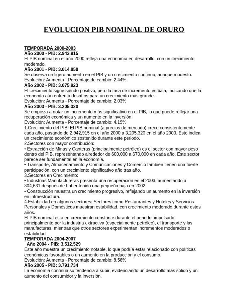 Evolución Del Pib Nominal - Oruro Temporadas | PDF | Producto Interno Bruto | Crecimiento económico