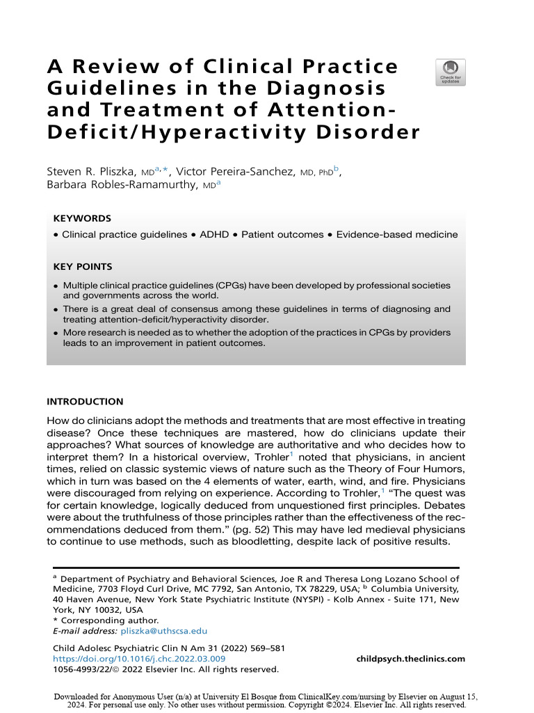 2022 - A Review of Clinical Practice Guidelines in The Diagnosis and Tratment of ADHD | PDF ...