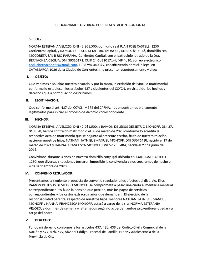 PETICIONAMOS DIVORCIO POR PRESENTACION CONJUNTA Ceci | PDF | Divorcio | Convenciones sociales