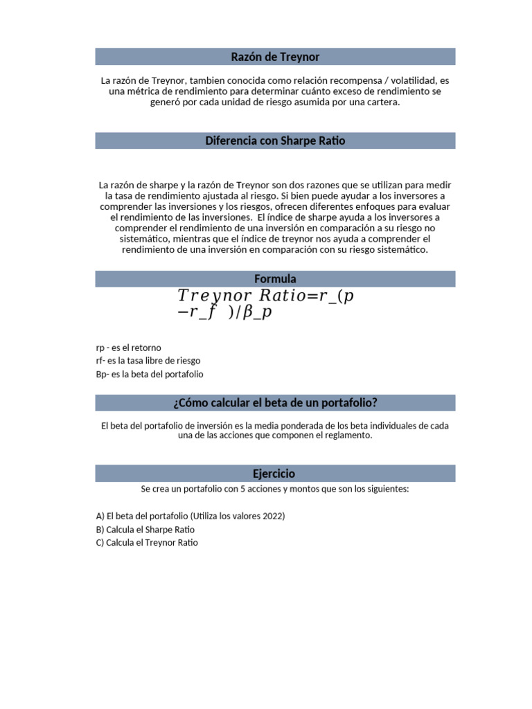 Razón de Treynor Ratio | PDF | Portafolio (Finanzas) | Relación de Sharpe