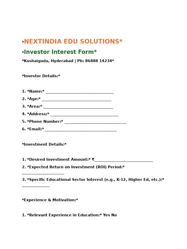 Investor Interest Form for Education Sector | PDF