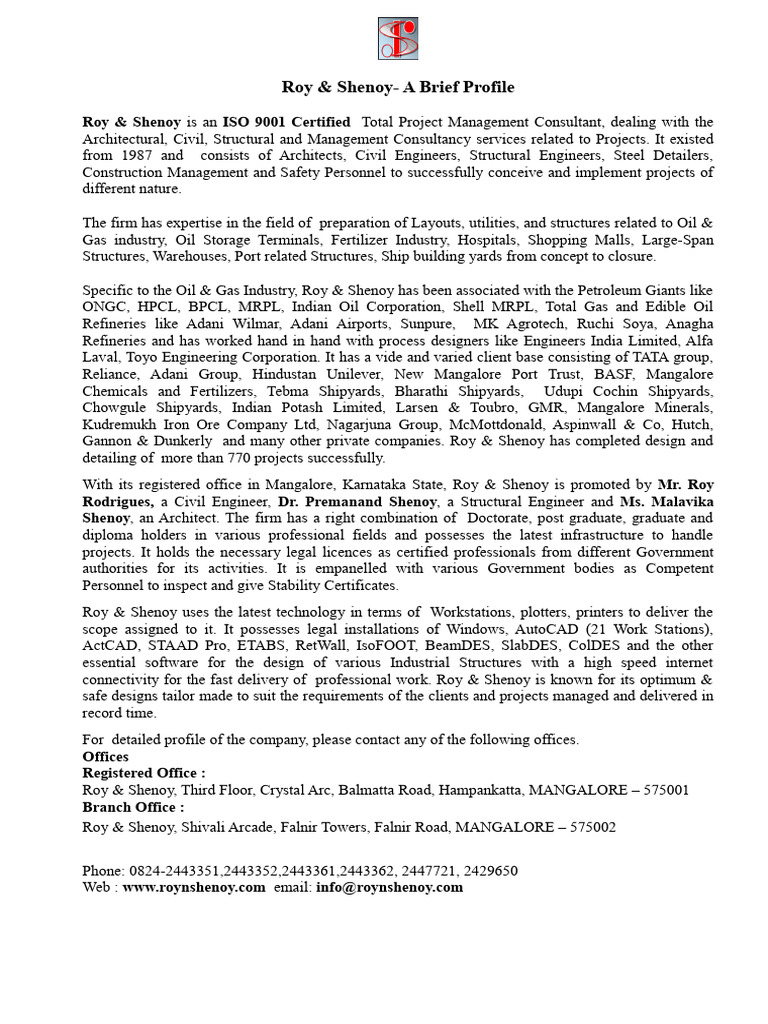 01 Roy & Shenoy - Brief Profile | PDF | Business | Art