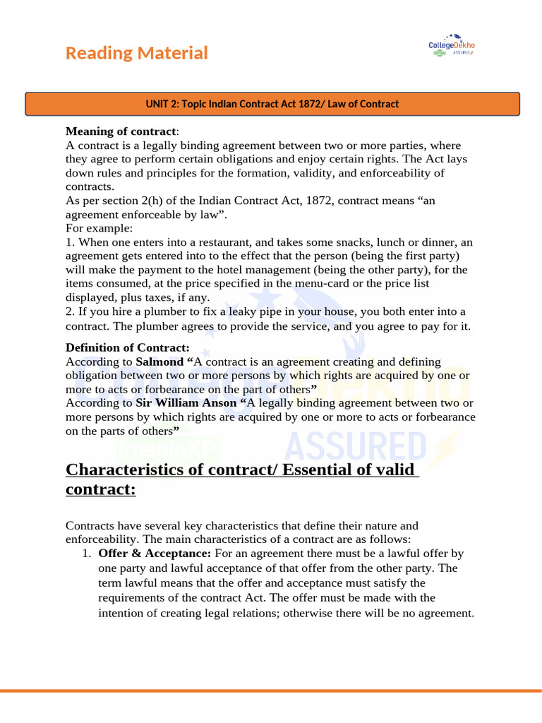 Reading Material - Unit 2 | PDF | Breach Of Contract | Indemnity
