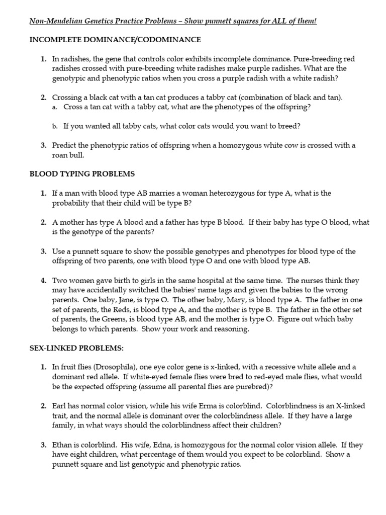 Non-Mendelian Genetics Practice Problems | PDF | Dominance (Genetics ...