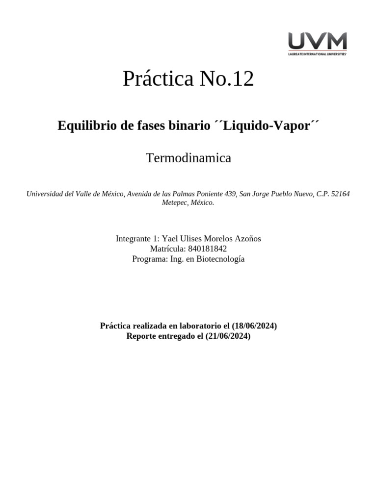 Practica 12 Termo | PDF | Fase (materia) | Destilación