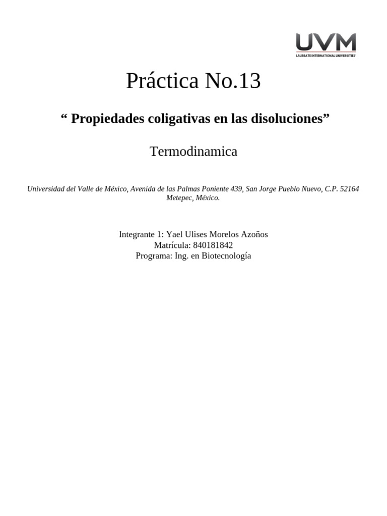 Practica 13 TermodinamicaB. | PDF | Concentración | Química