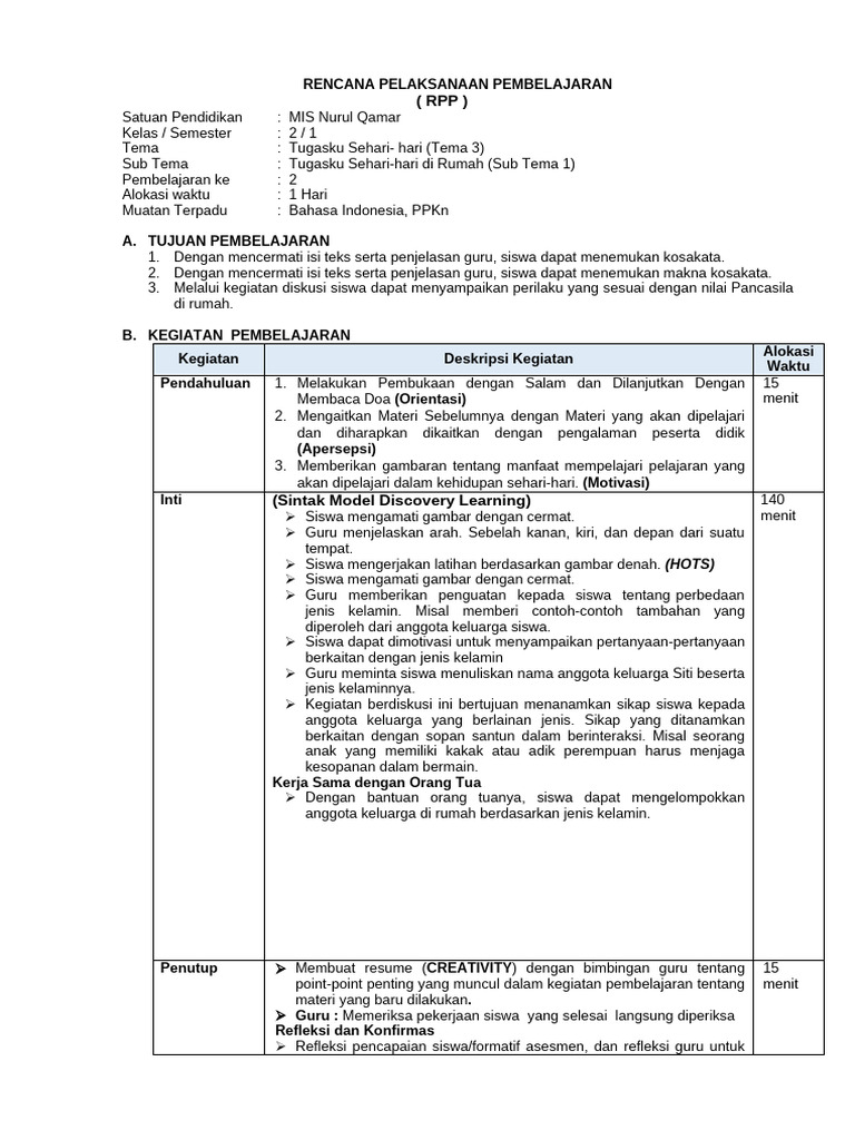 RPP Tema 3 Sub Tema 1 Pem 2 | PDF