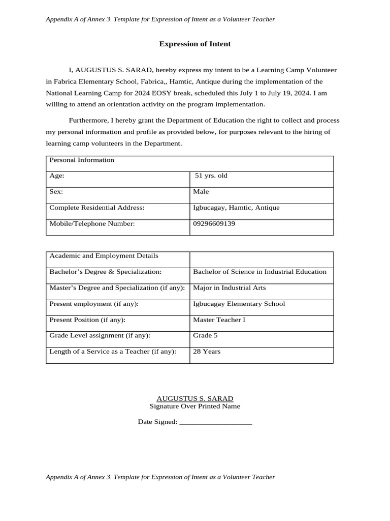 Volunteer Teacher Intent Forms 2024 | PDF | Titles