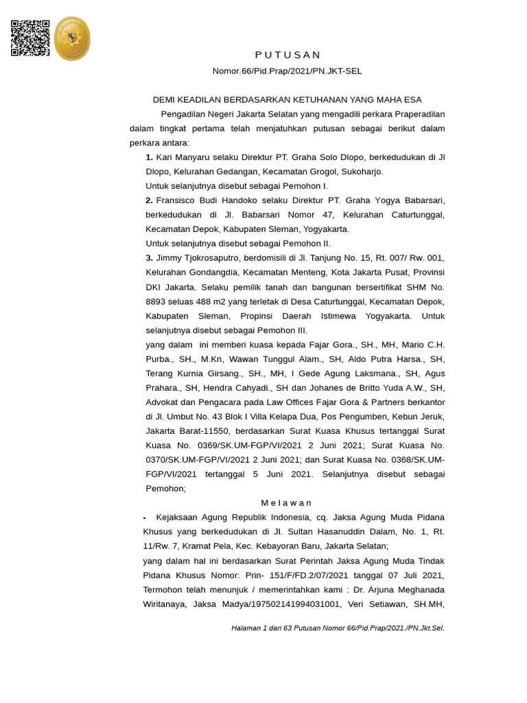 Putusan 66 Pid - Pra 2021 PN JKT - Sel 20240905092833 | PDF