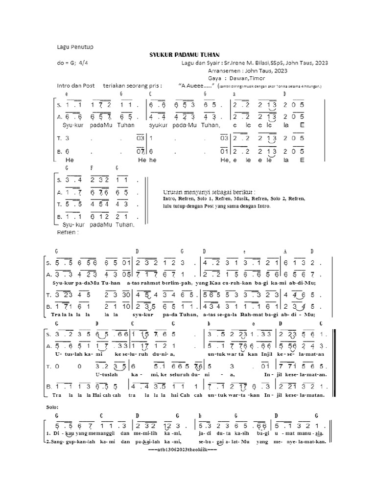 Teks Lagu Syukur Padamu Tuhan Not Angka | PDF