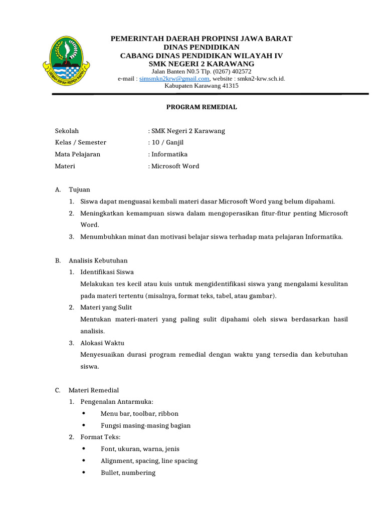 Remedial Microsoft Word SMK Karawang | PDF