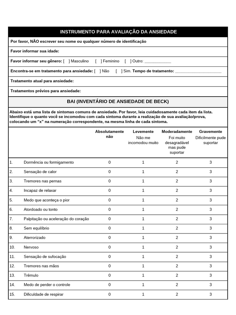 Inventário Beck de Ansiedade | PDF | Ansiedade | Medicina Clínica