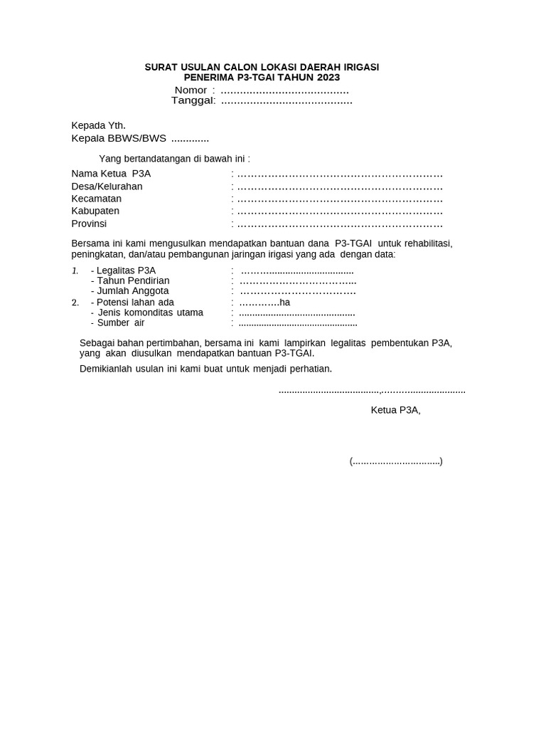 Surat Usulan Calon Lokasi Daerah Irigasi Penerima P3-TGAI Dari P3A | PDF