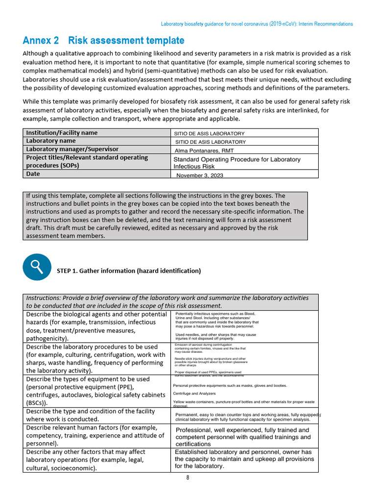 Risk Assessment Template From Laboratory Biosafety Novel Coronavirus ...