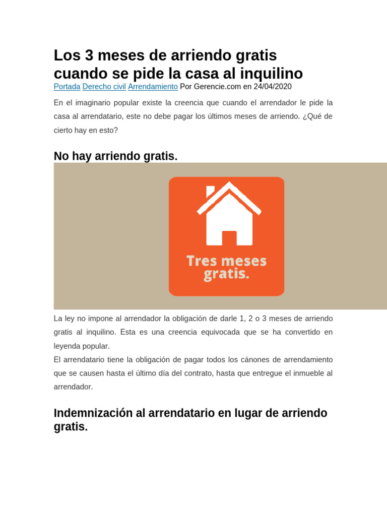 Los 3 Meses de Arriendo Gratis Cuando Se Pide La Casa Al Inquilino | PDF | Derecho empresarial ...