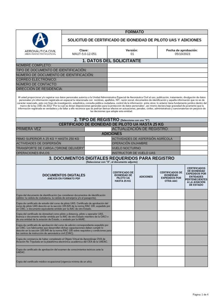 100-Maut-5.0-12-051 Solicitud Certificado de Idoneidad de Piloto Uas y Adiciones | PDF ...