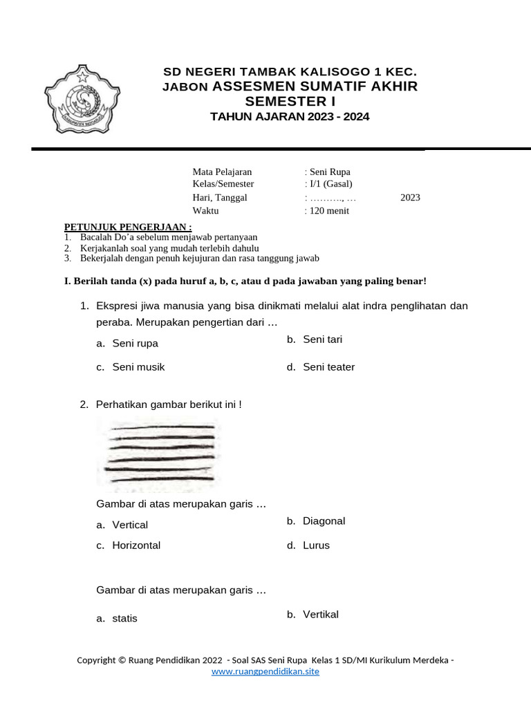Soal Sas Seni Rupa Kelas I Semester 1 Pdf